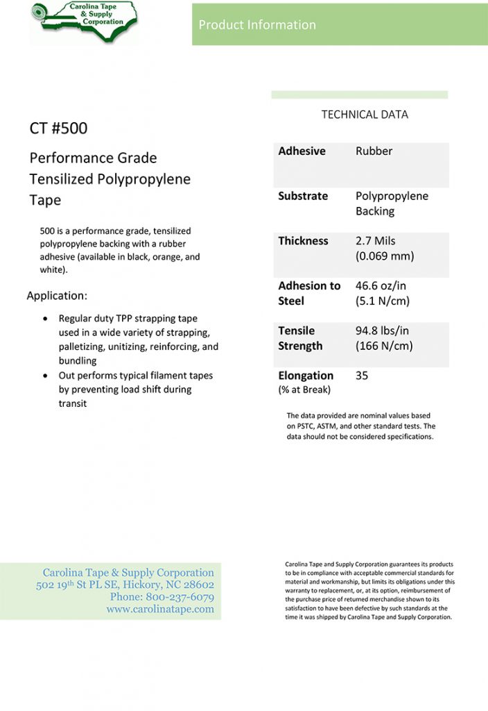500 Series - Strapping Tapes - Carolina Tape & Supply Corporation